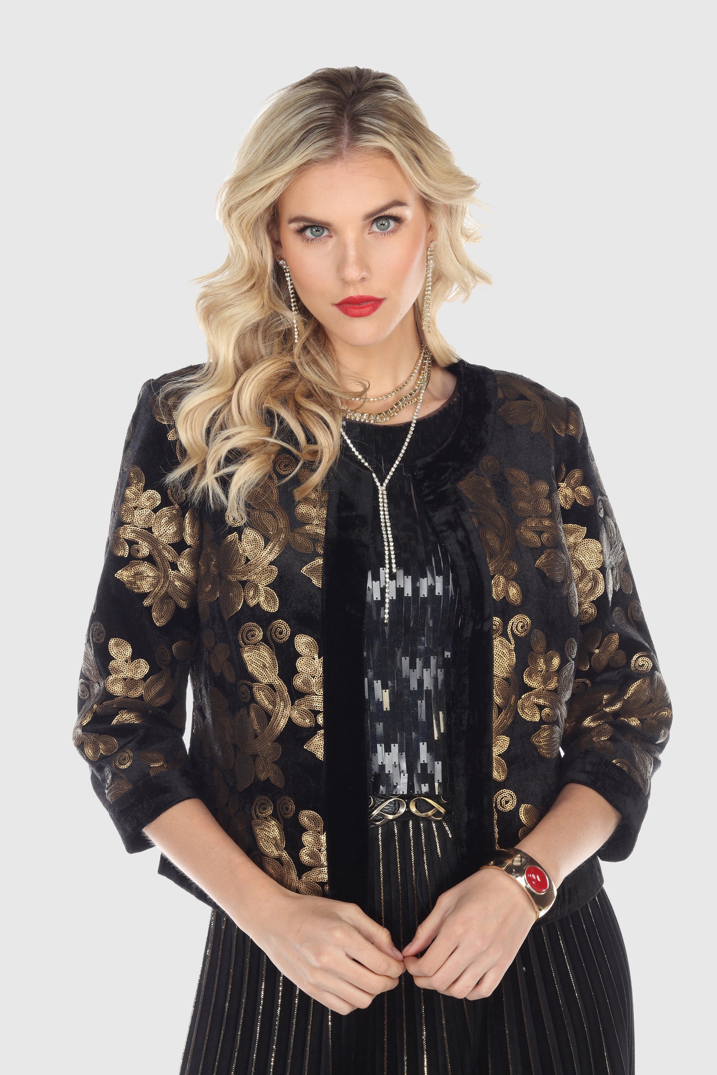 Gold Sequin Floral Velvet Jacket | Radiant Texture & Shine | Aris.A