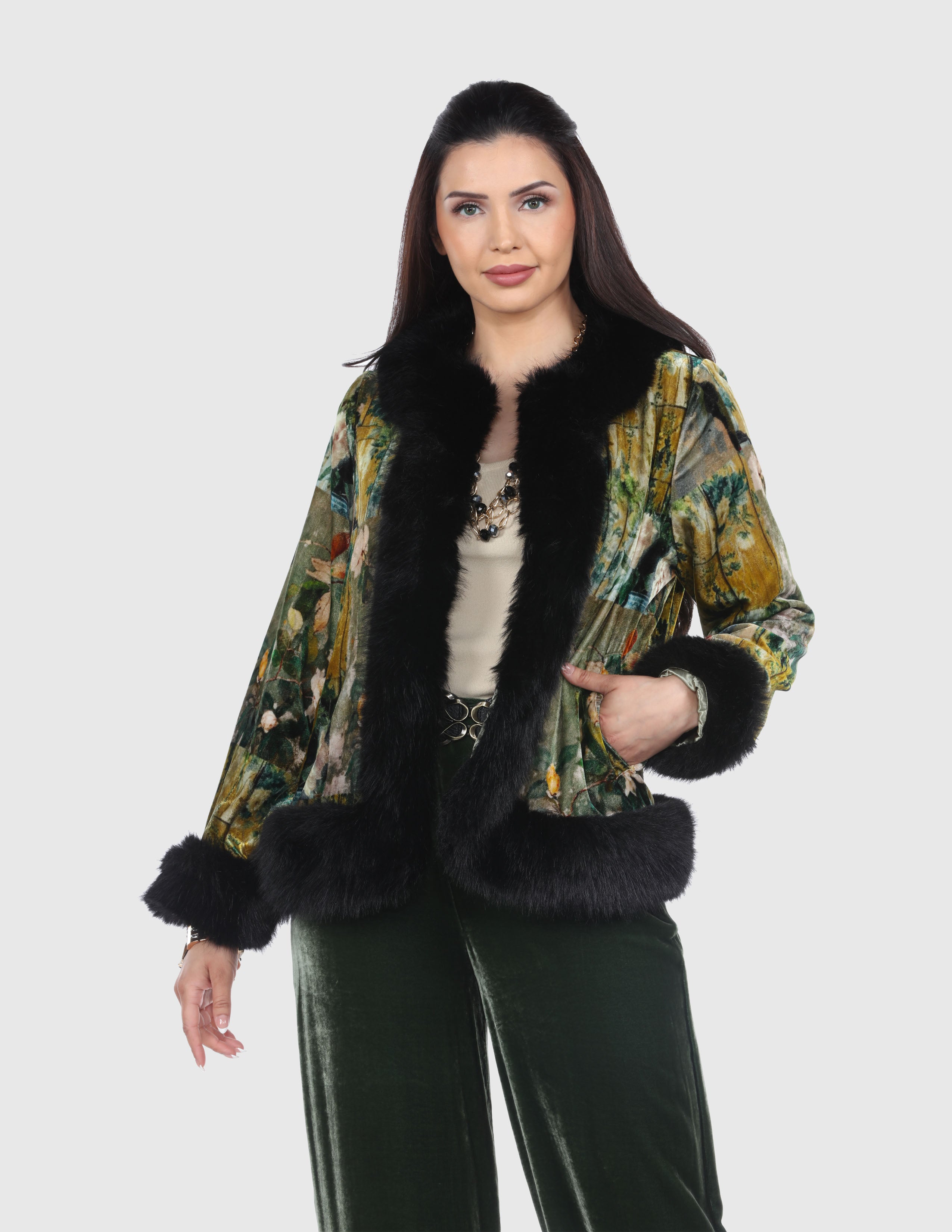 Velvet Oil Flower Short Coat | Elegant Faux Fur Trim | Aris.A